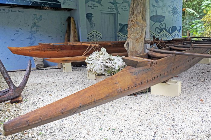 Ancient Polynesians utrigger canoes on dispaly outdoors in Cook Islands ...